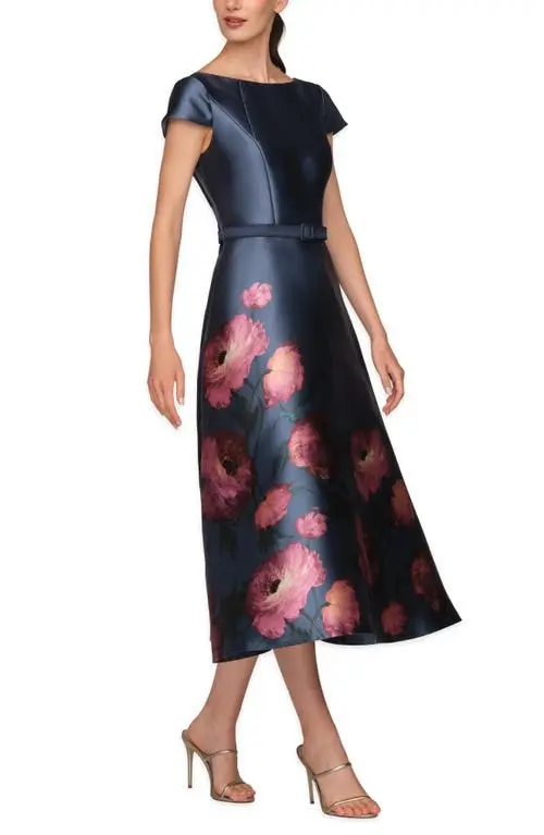 KAY UNGER Belted Floral Cocktail Dress