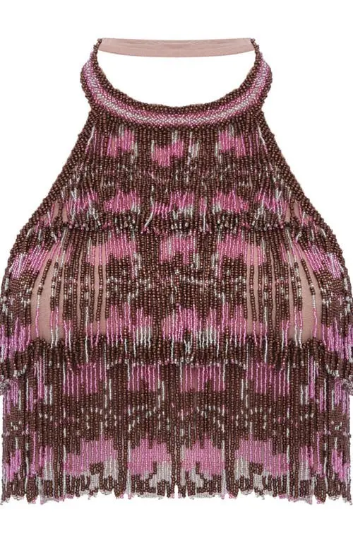 PatBO Rose Mirage Beaded Halterneck Top