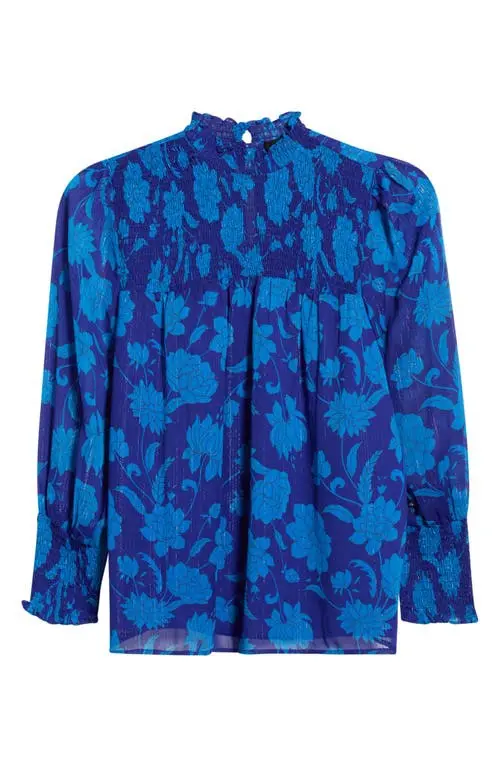 SUGARLIPS Sunnie Metallic Smocked Yoke Balloon Sleeve Top - Navy-multi