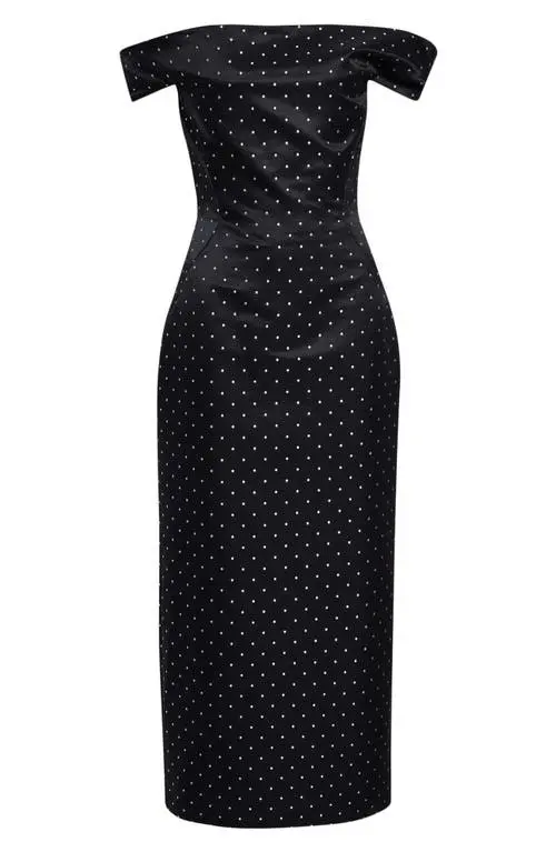 Lela Rose Polka Dot Jacquard Off The Shoulder Column Dress