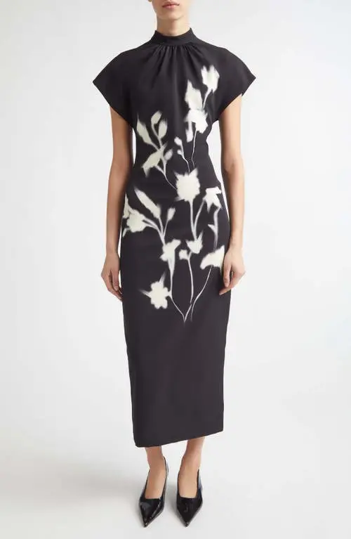 Lela Rose Stella Floral Crepe Midi Dress - Black