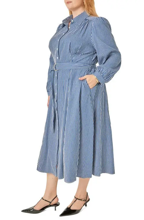 English Factory Stripe Belted Long Sleeve Maxi Dress
