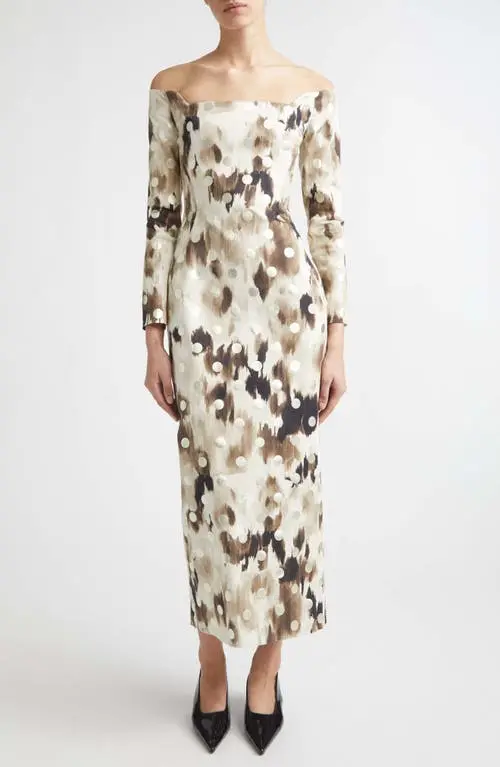 Lela Rose Ikat Polka Dot Off The Shoulder Midi Dress - Cream Multi