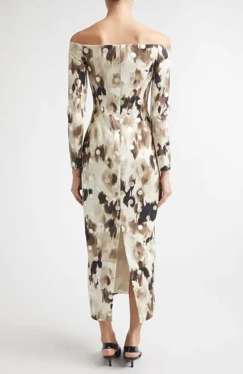 Lela Rose Ikat Polka Dot Off The Shoulder Midi Dress