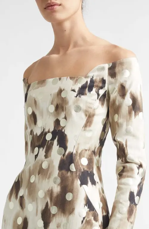 Lela Rose Ikat Polka Dot Off The Shoulder Midi Dress