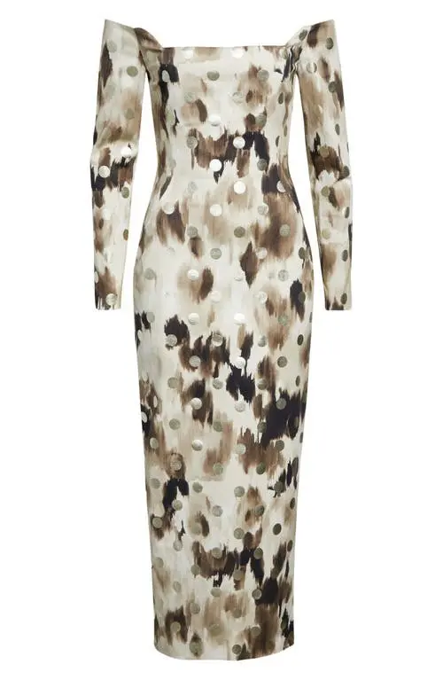 Lela Rose Ikat Polka Dot Off The Shoulder Midi Dress