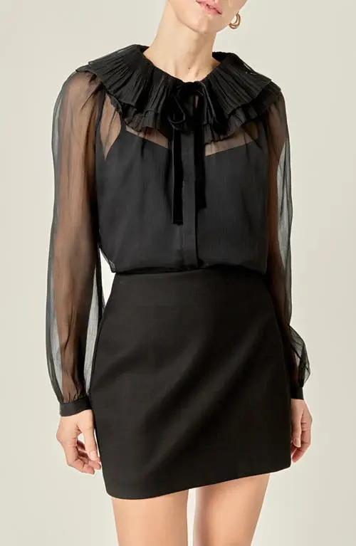 English Factory Pleated Collar Chiffon Top - Black