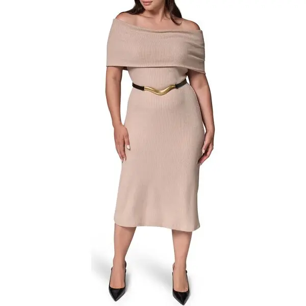 Donna Karan New York Off The Shoulder Belted Knit Dress - Camel