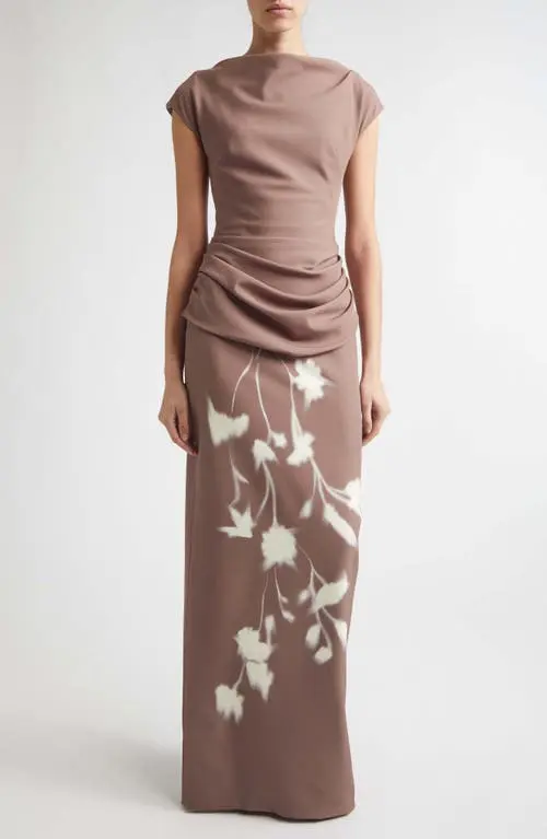 Lela Rose Floral Crepe Boat Neck Gown - Clay