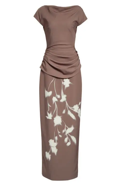 Lela Rose Floral Crepe Boat Neck Gown