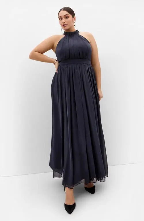 City Chic Lucy Pleated Halter Neck Maxi Dress - Navy