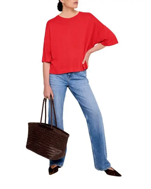 Mint Velvet Linen Blend Boxy Silhouette T-shirt - Red