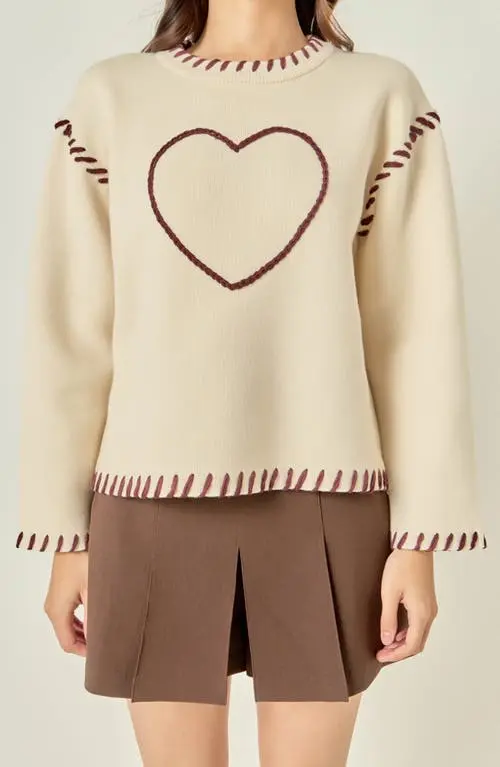 English Factory Heart Whipstitch Crewneck Sweater - Cream/brown