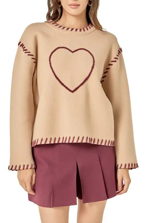 English Factory Heart Whipstitch Crewneck Sweater - Tan/bordeaux
