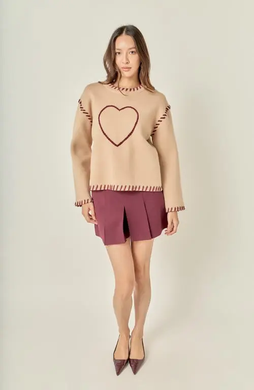 English Factory Heart Whipstitch Crewneck Sweater - Tan/bordeaux