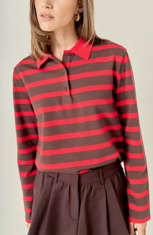 English Factory Striped Long Sleeve Polo Knit Top