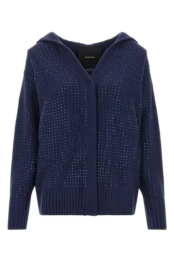 Pinko Seicento' Cardigan With Rhinestones And Hood - Blue