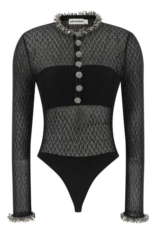 SELF-PORTRAIT Openwork Knitted Bodysuit - Black