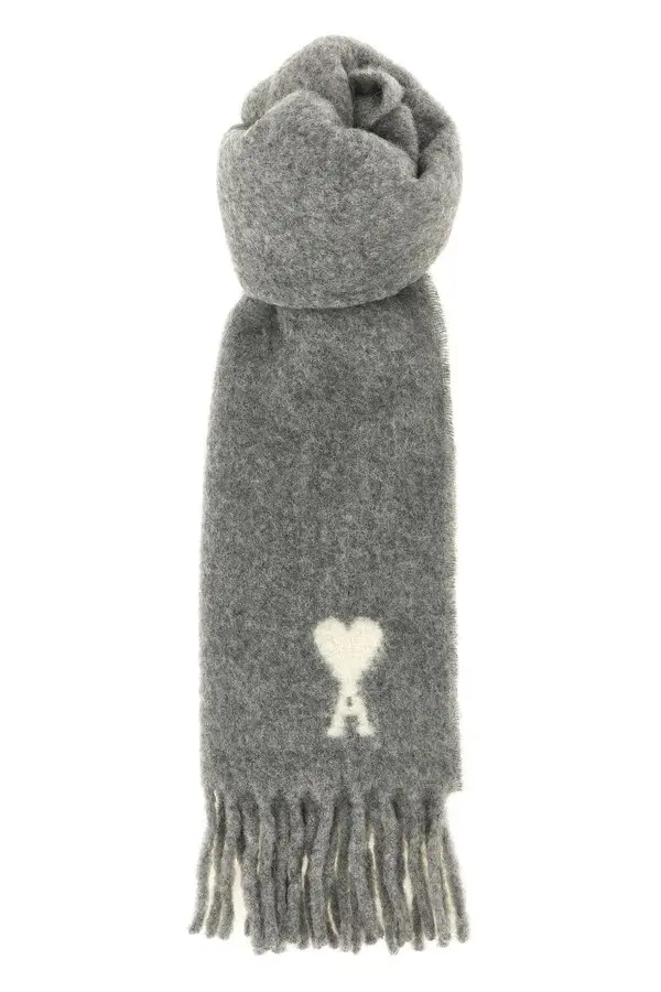 AMI Paris Adc Logo Scarf And Fringes - Gray
