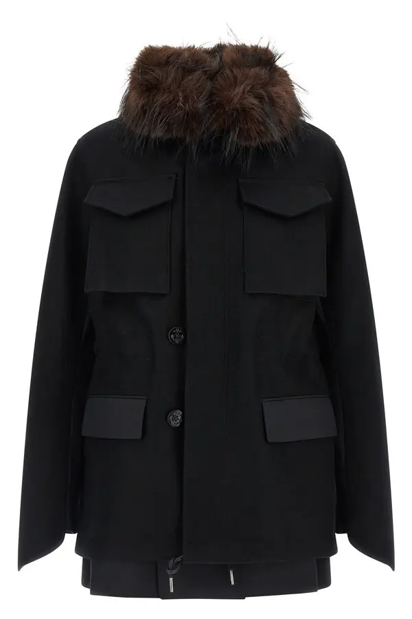 Sacai Wool Coat With Fur Insert - Black