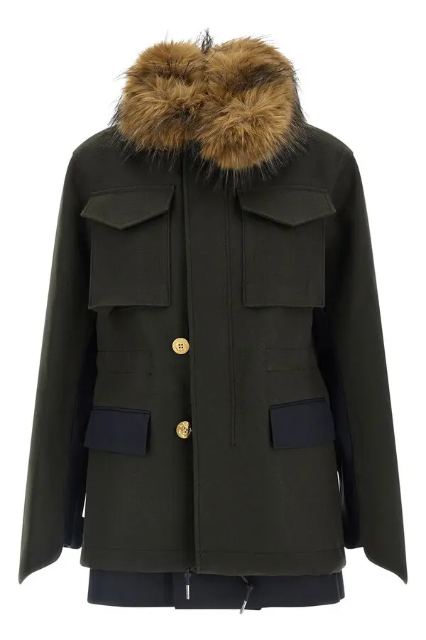 Sacai Wool Coat With Fur Insert - Green