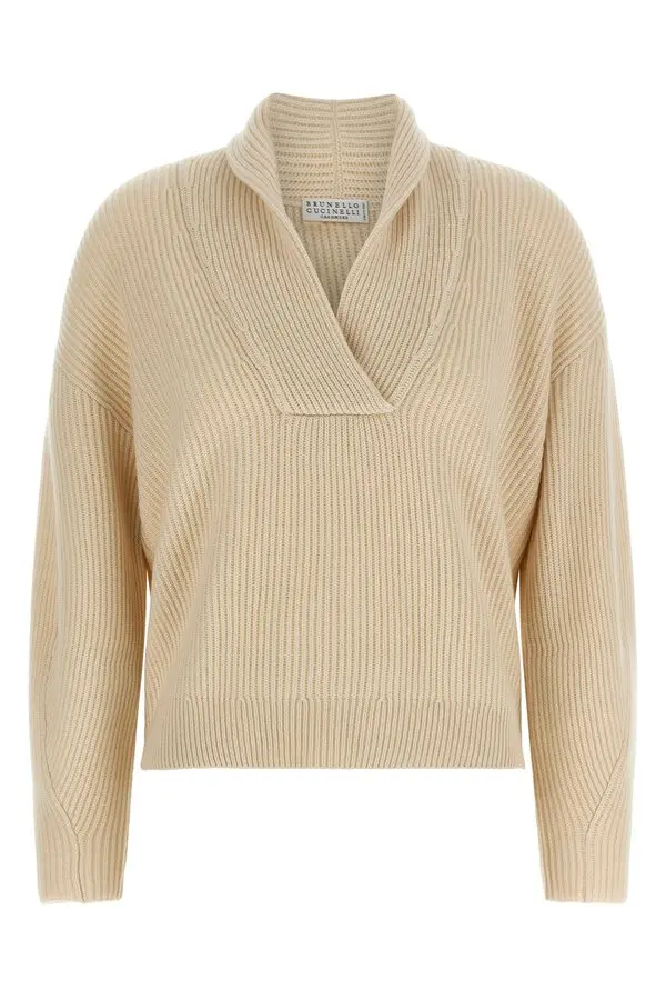 Brunello Cucinelli Shawl Neck Ribbed Sweater - Beige