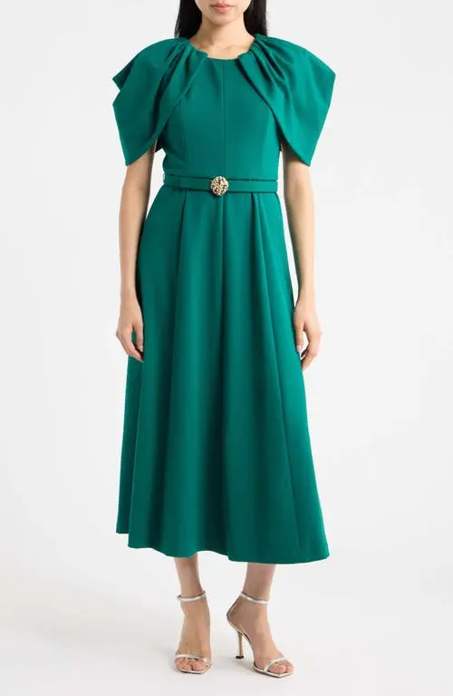 Anne Klein Midi Dress With Capelet And Lion Head Buckle Belt - Deep Jade