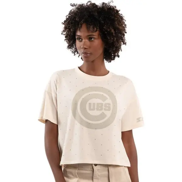 STARTER Chicago Cubs Rhinestone Embellished Cropped T-shirt - Cream