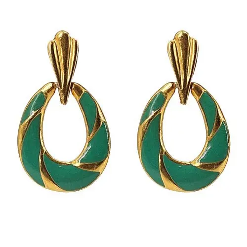 MADISON BEVERLY HILLS Vintage 1970s Green Enamel Oval Earrings - Gold