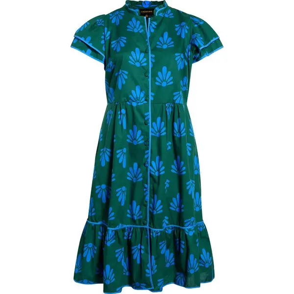 SUGARLIPS Davie Cotton Midi Shirtdress With Floral Print And Ruffled Hem - Emerald-multi