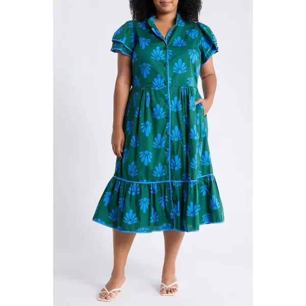 SUGARLIPS Davie Cotton Midi Shirtdress With Floral Print And Ruffled Hem - Emerald-multi