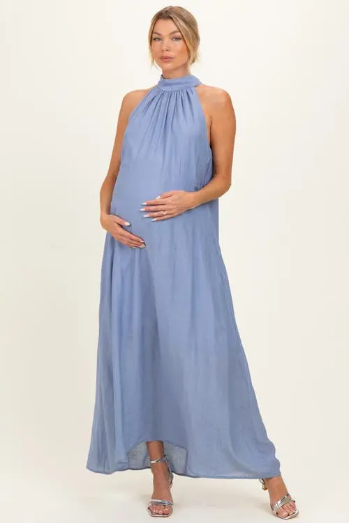 PINKBLUSH Blue Halter Gathered Maxi Dress