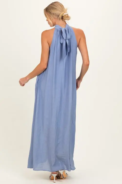 PINKBLUSH Blue Halter Gathered Maxi Dress