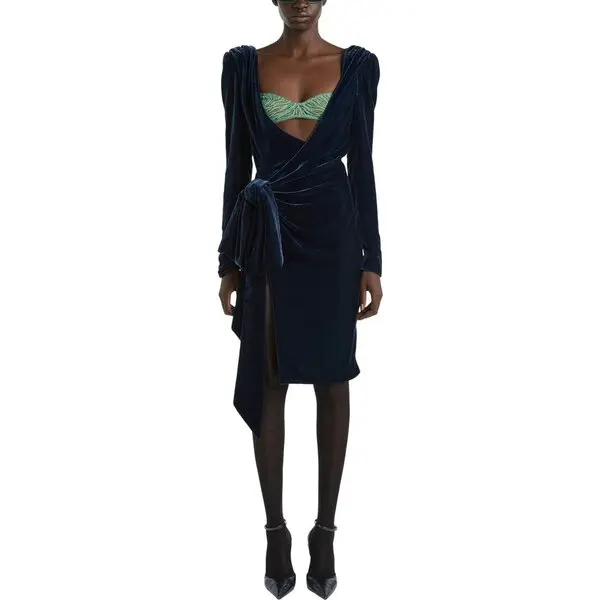 Balmain Velvet Wrap Dress With Bow Detail - Blue
