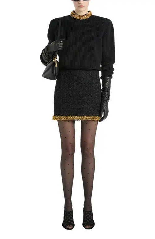 Balmain Short Tweed Skirt With Embroidered Trim - Black