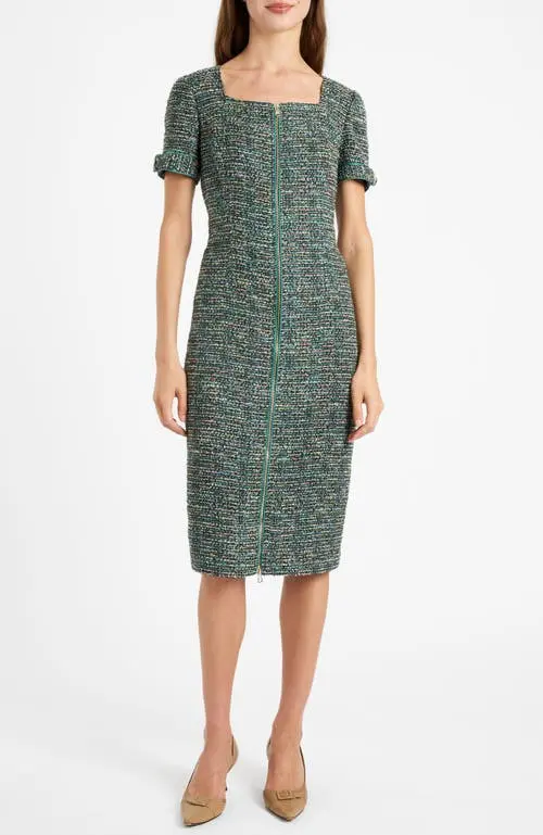 Santorelli Bri Short Sleeve Zippered Tweed Dress - Evergreen