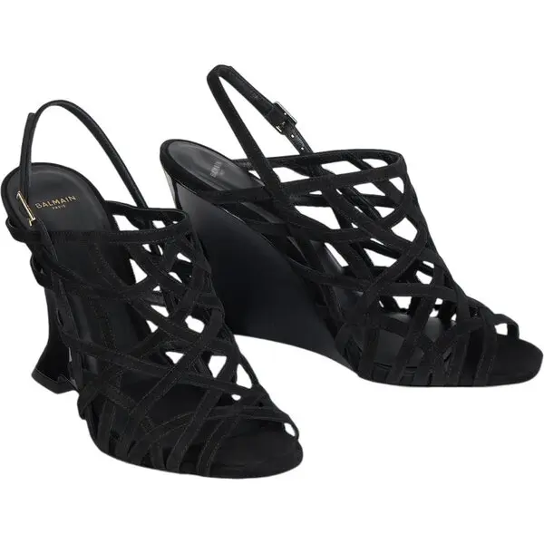 Balmain Wedge Cage Sandals In Suede - Black
