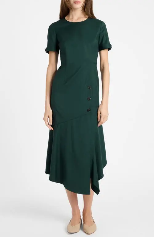 Santorelli Raine Short Sleeve Hi-lo Midi Dress In Soft Stretch Twill - Evergreen