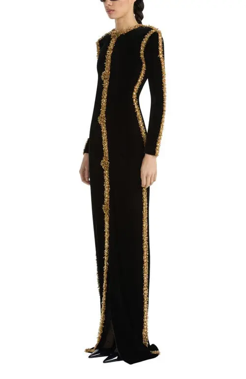 Balmain Long Velvet Dress With Embroidered Trim - Black
