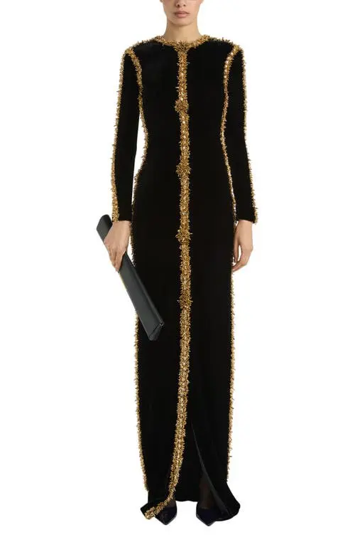 Balmain Long Velvet Dress With Embroidered Trim