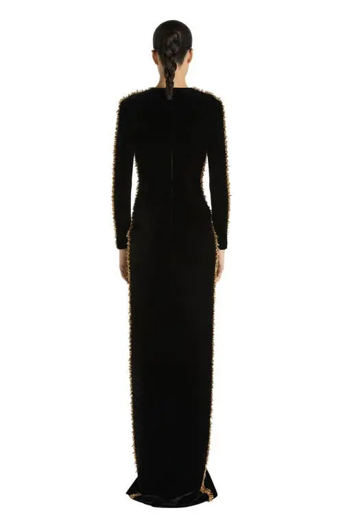 Balmain Long Velvet Dress With Embroidered Trim