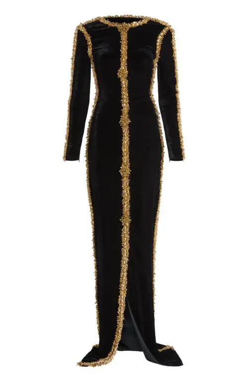 Balmain Long Velvet Dress With Embroidered Trim