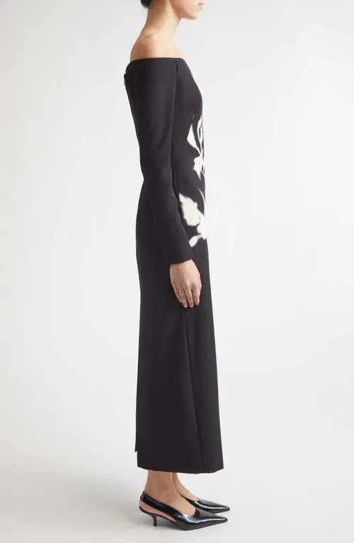 Lela Rose Floral Crepe Off The Shoulder Column Gown