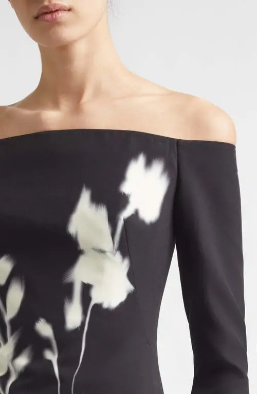 Lela Rose Floral Crepe Off The Shoulder Column Gown