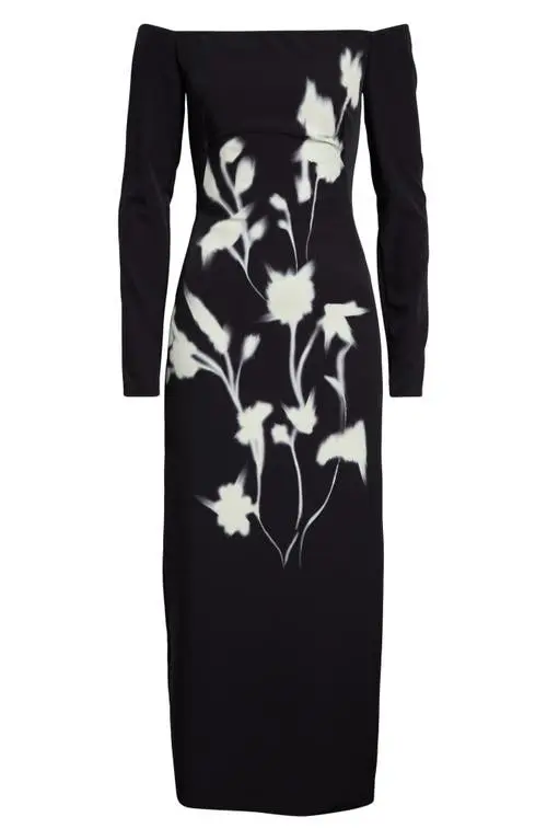 Lela Rose Floral Crepe Off The Shoulder Column Gown