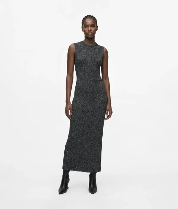 KL JEANS Metallic Knit Mockneck Dress With Front Slit - Black