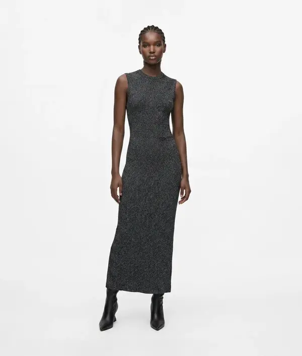 Karl Lagerfeld Metallic Knit Mockneck Dress With Front Slit - Black