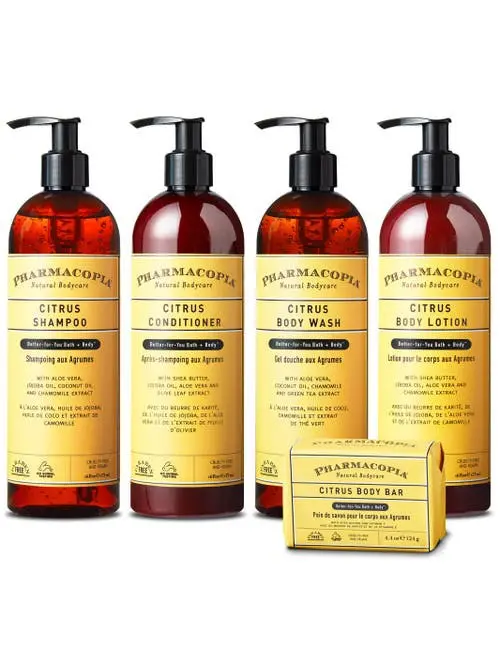 PHARMACOPIA NATURAL BODYCARE Citrus Luxury Bundleshampoo, Conditioner, Body Wash, Body Lotion - White
