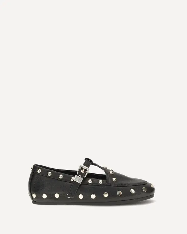 GANNI Mary Jenny Studded Ballerinas In Pebbled Leather - Black