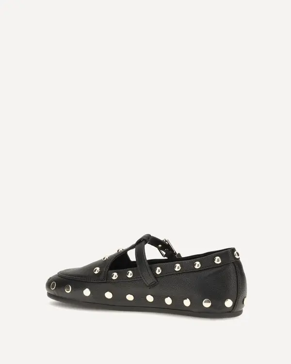 GANNI Mary Jenny Studded Ballerinas In Pebbled Leather - Black